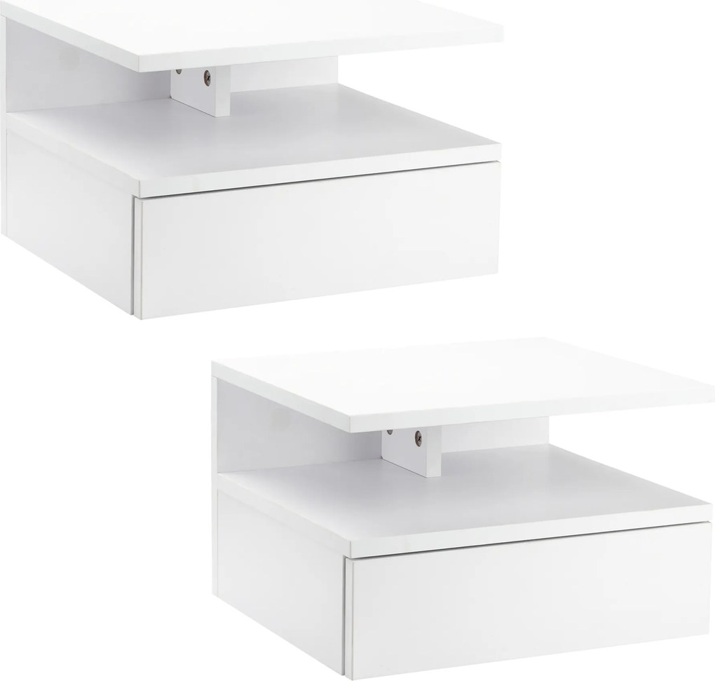 HOMCOM Sada 2 Floating Nočních Stolků - Zavěšené Noční Stolky s 1 Zásuvkou a Otevřenou Policí pro Ložnici 35x32x22,5 cm Bílá