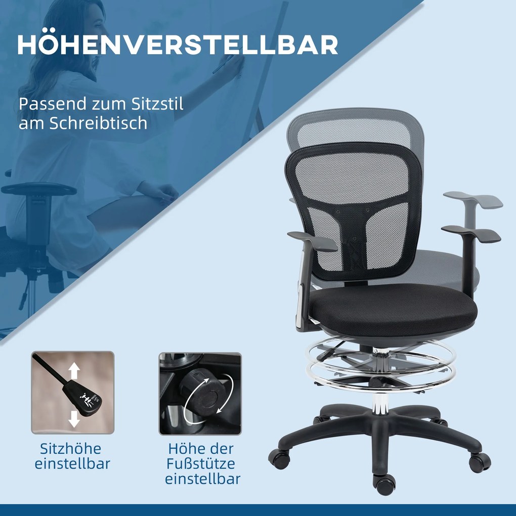 Kancelářská židle Vinsetto Ergonomická počítačová židle 95-115 cm s područkami a podnožkou Mesh Black pro kancelář a domácí kancelář |