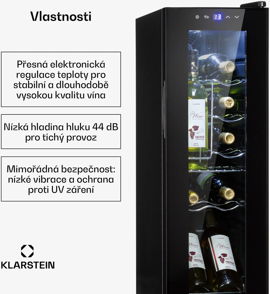 Klarstein Shiraz 12 Slim, vinotéka, 32 l, 12 lahví, 85 W, 5-18 °C, dotykový ovládací panel
