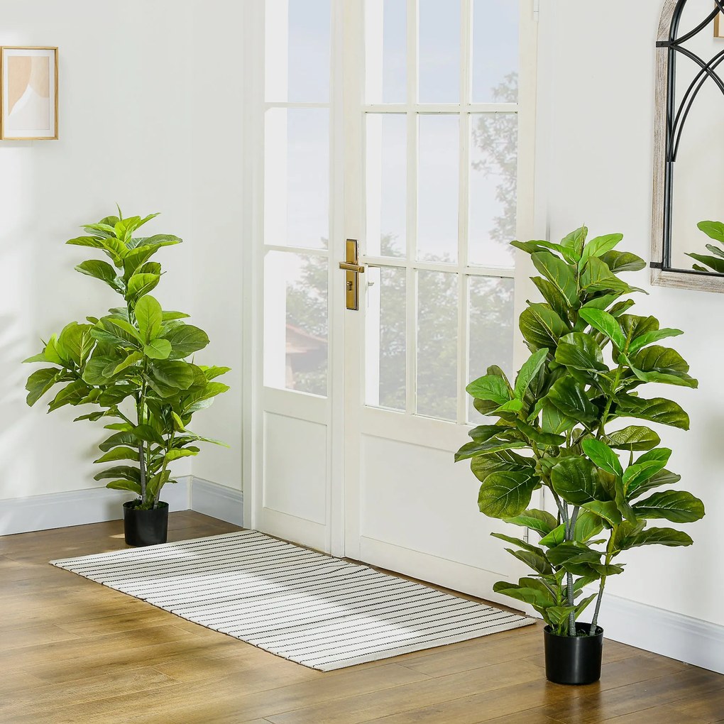 HOMCOM Sada 2 Dekorativních Umělých Rostlin 110x15 cm Umělé Fikusy se 90 Listy a Květináči pro Vnitřní Dekoraci do Obývacího Pokoje a Kanceláře Zelená