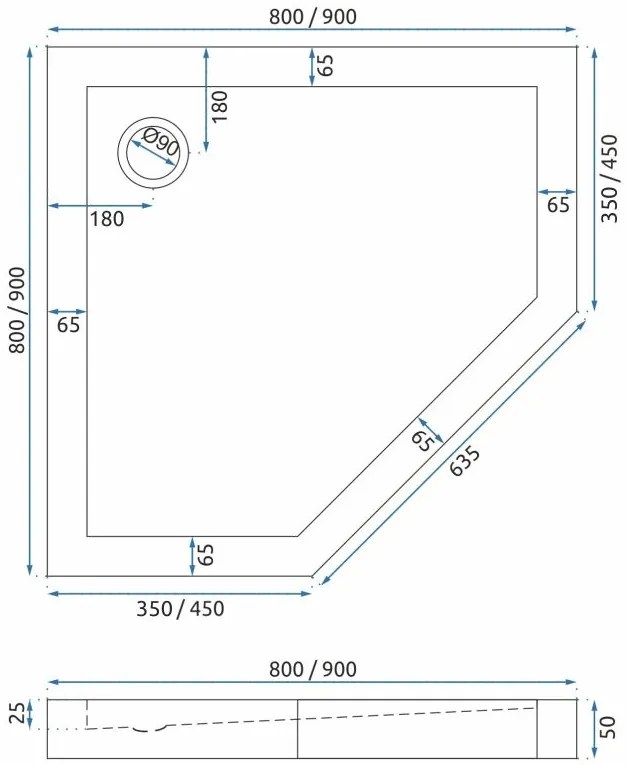 Pětiúhelníková sprchová vanička z minerálního akrylu REA DIAMOND 90x90 cm černá