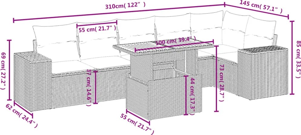 7dílná zahradní sedací souprava s poduškami černá polyratan 3272645