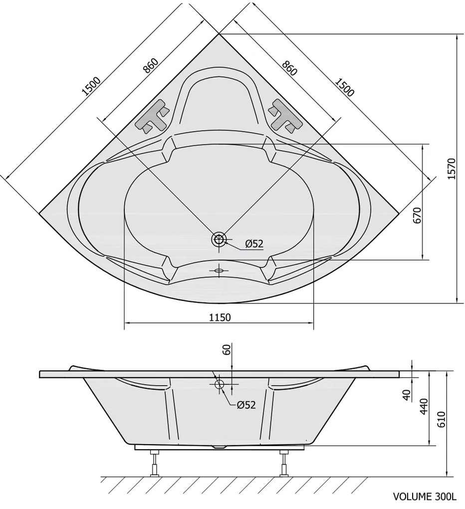 Polysan SIMONA rohová vana 150x150x44 cm, bílá, 94111