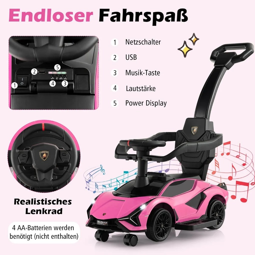 Costway 3 v 1 Lamborghini Push Car se světlomety a hudbou a – růžový