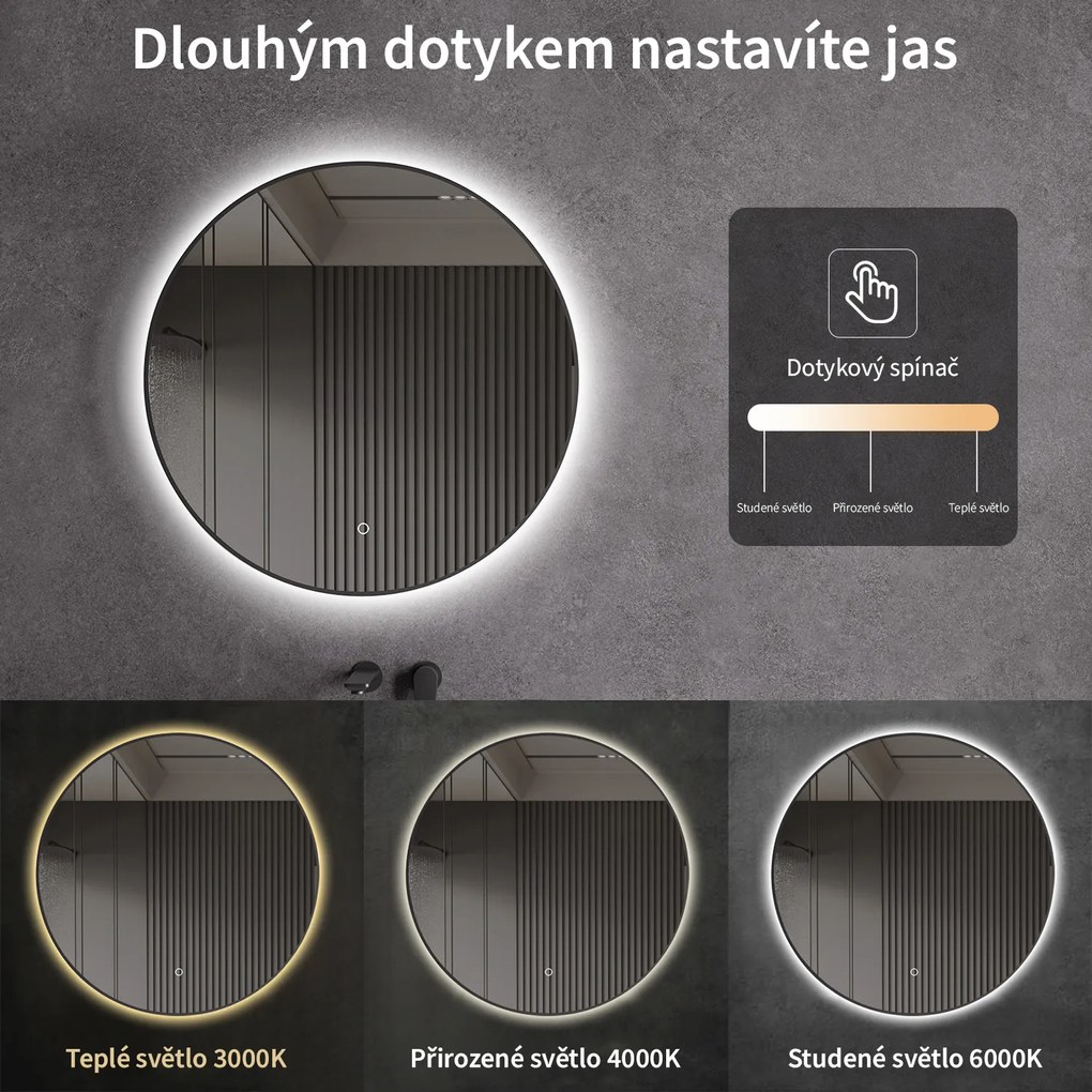CERANO - Koupelnové LED zrcadlo Velo, kovový rám - černá matná - Ø 80 cm