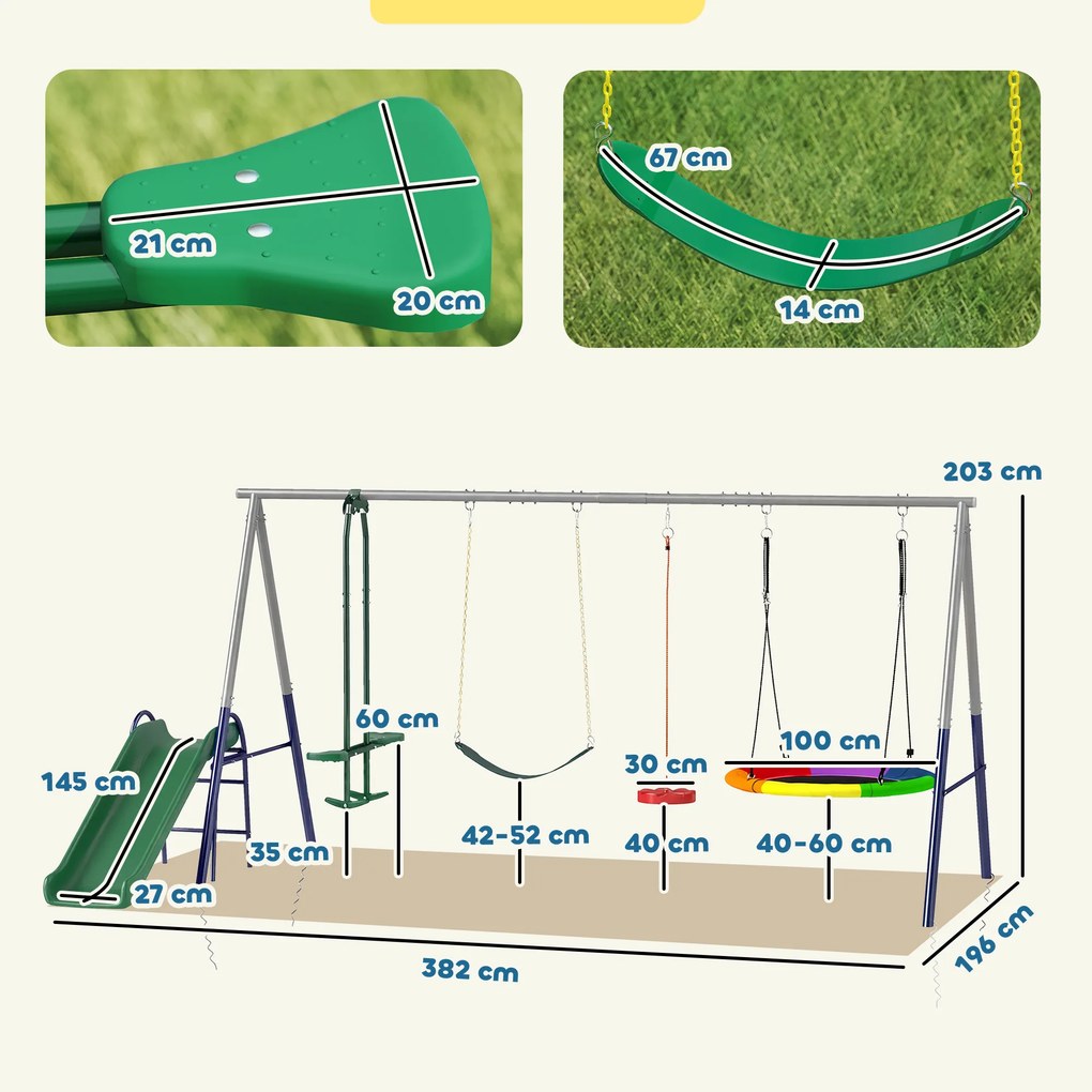 AIYAPLAY houpací rám 5 v 1 se skluzavkou výškově nastavitelný houpací rám s hnízdem 382x196 x203 cm Vícebarevný