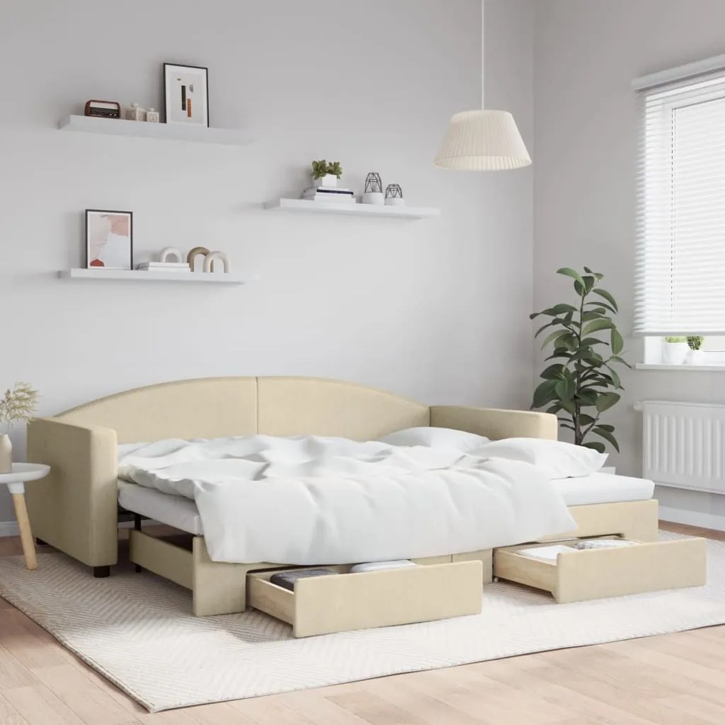 Válenda s přistýlkou a zásuvkami krémová 90 x 200 cm textil 3197228