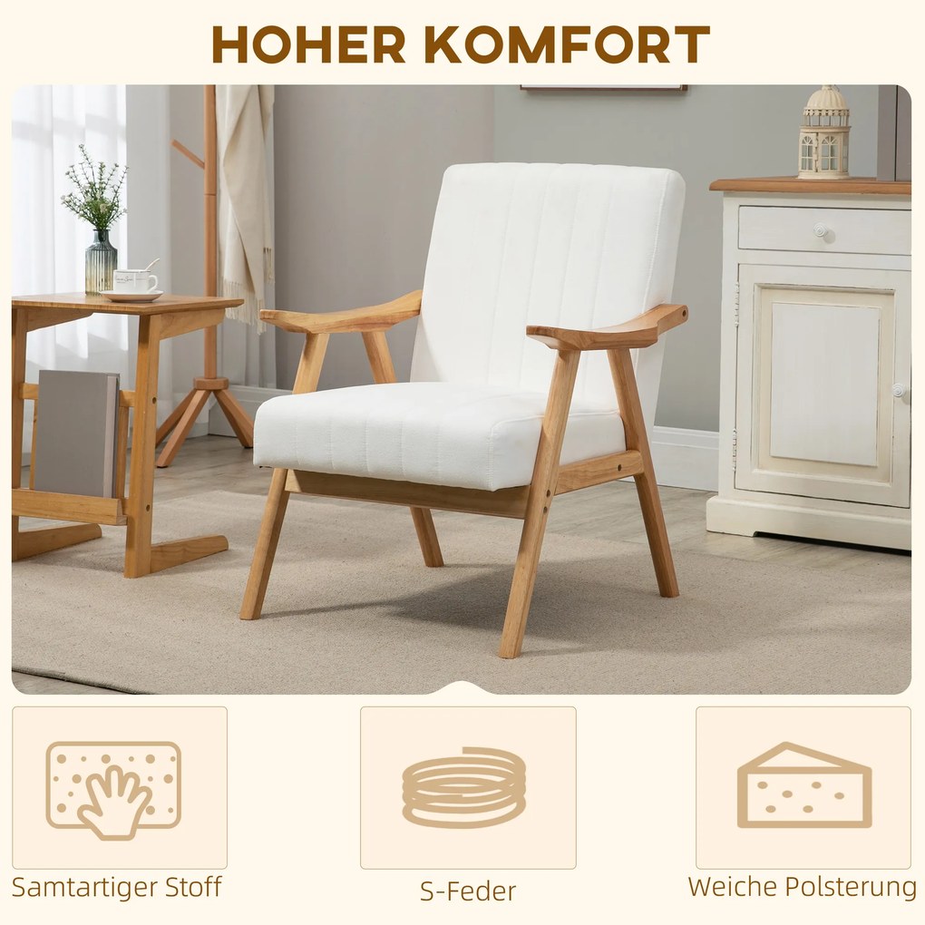 HOMCOM čalouněné křeslo lounge chair v sametovém vzhledu s područkami, design Scandi, krémová, 68x74x82cm