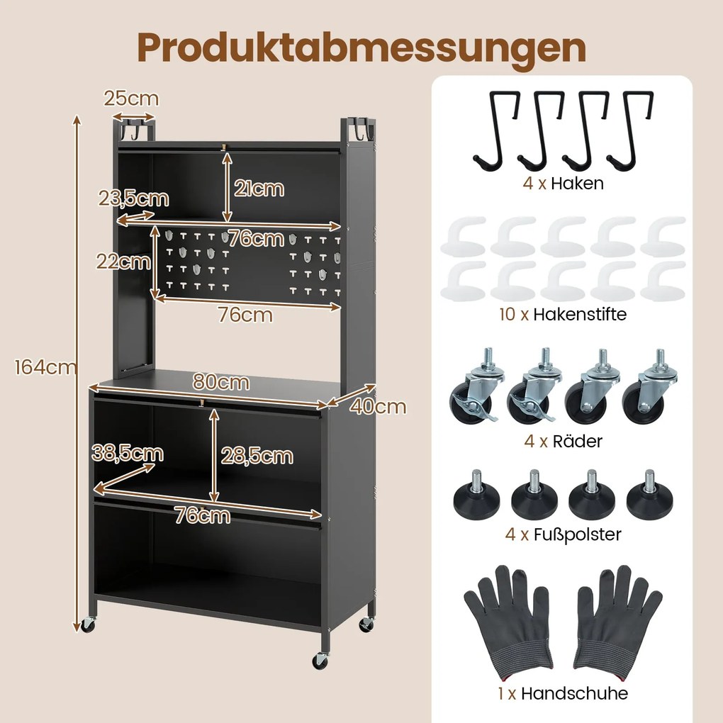 Costway Vysoká kuchyňská skříňka s kolečky a skládacími dvířky a pegboard