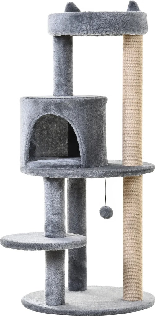 PawHut kočičí strom 4-patrová kočičí jeskyně s míčky na hraní a bidýlkem sisalový sloupek škrabadlo plyšové šedé 48x48x104cm pro kočky | Aosom.de