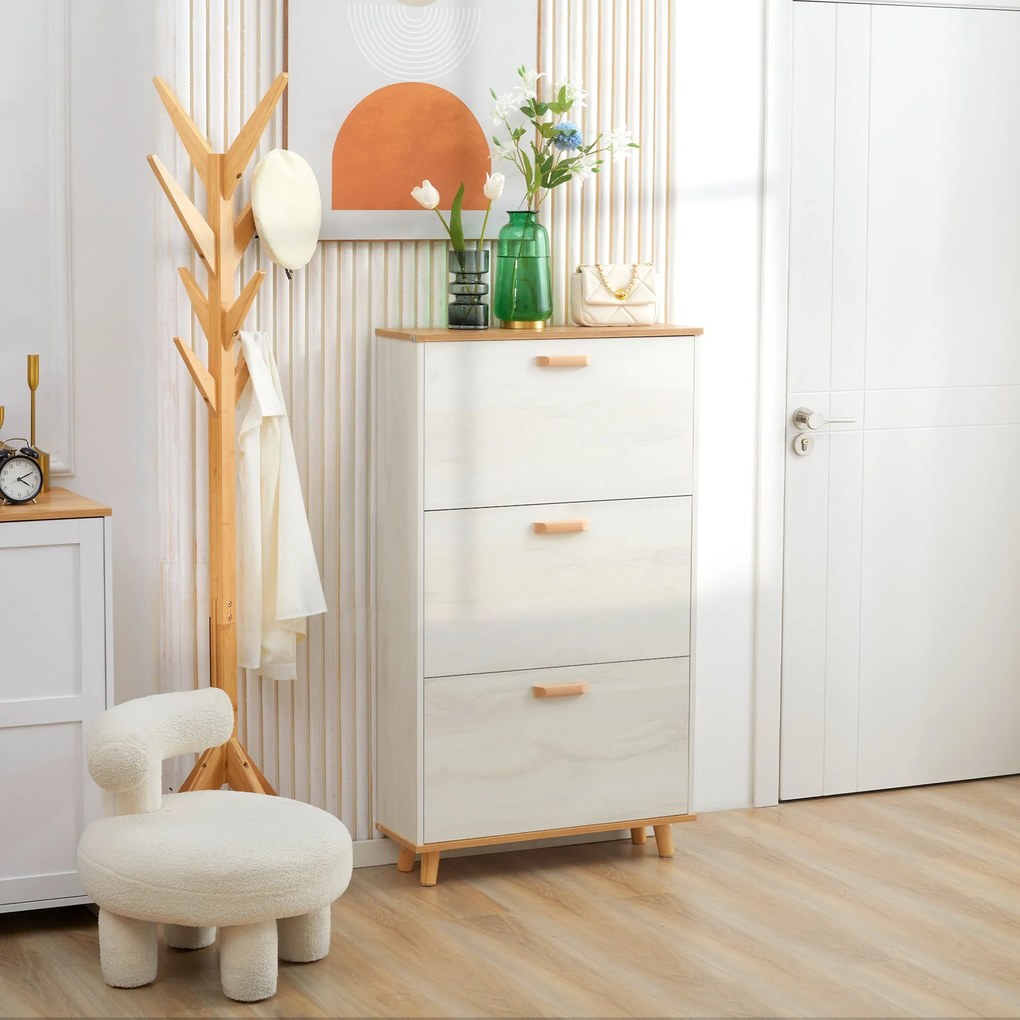 HOMCOM Moderní botník Úzký botníkový regál s 3 skládacími zásuvkami pro 12 párů obuvi a nastavitelnou policí pro předsíň 70x23,5x122 cm Bílý