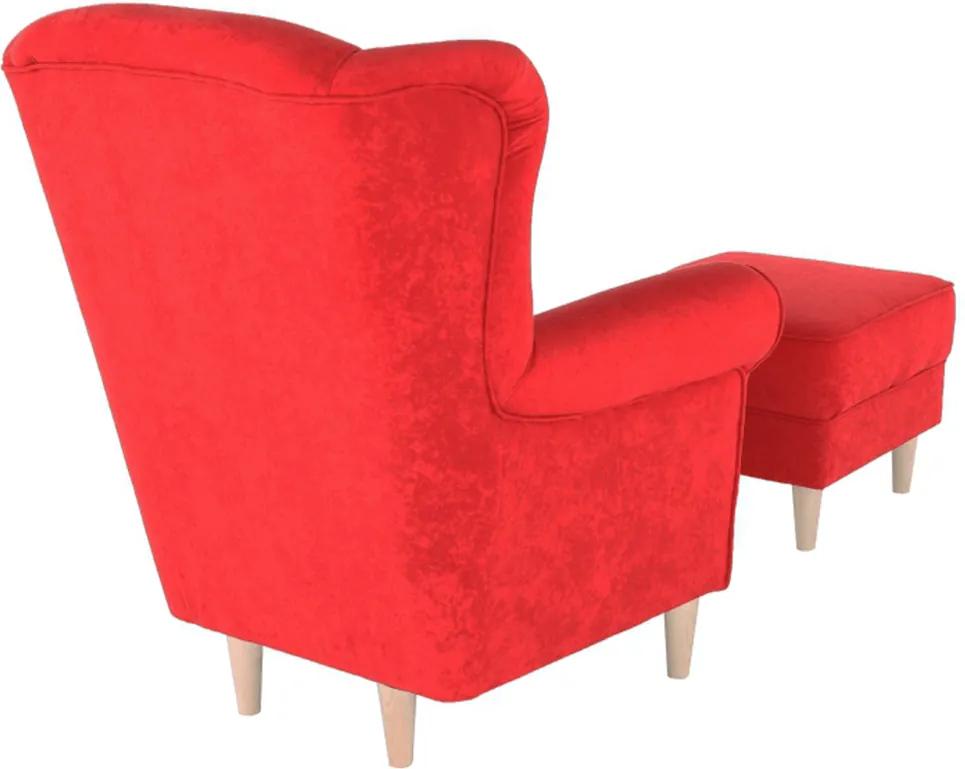 Relaxační křeslo ušák s taburetem ASTRID —  dřevo/látka, více barev Červená