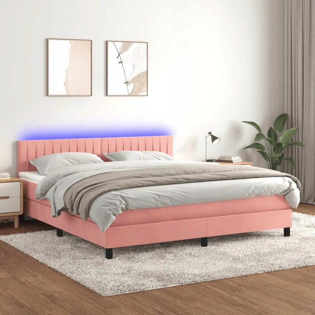 Box Spring Postel S Matrací A Led Samet Růžová Svislé pruhy 160 x 200 cm