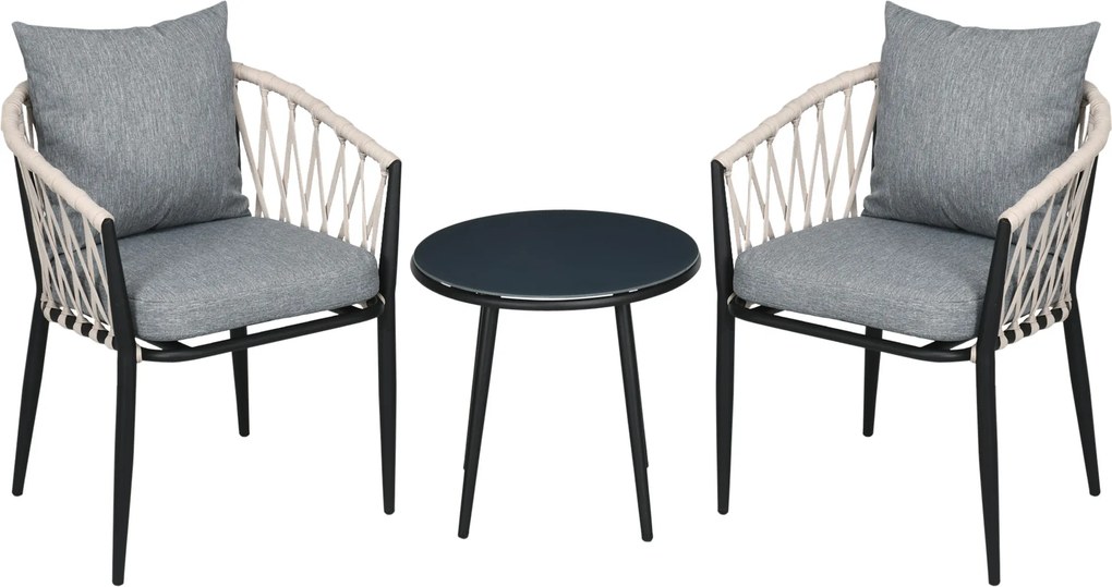 Outsunny 3-dílná zahradní souprava, bistro set zahrnující 1 stůl a 2 židle s polstry, balkonový set, zahradní nábytek pro terasu a balkon, ocel, šedá