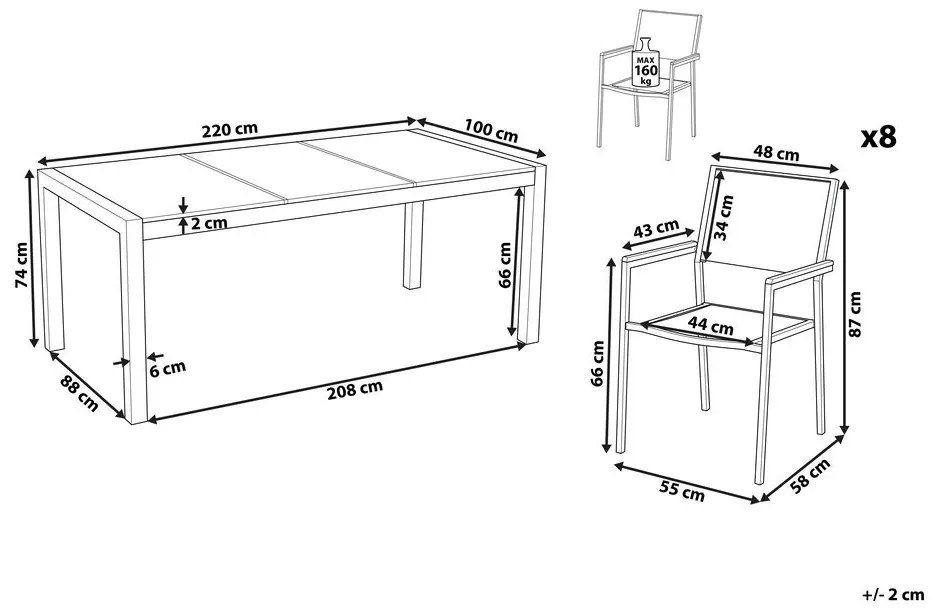 Sada zahradního nábytku stůl se skleněnou deskou 220 x 100 cm 8 šedých židlí GROSSETO Beliani