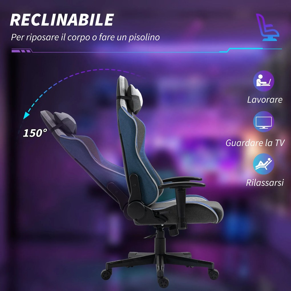 Ergonomická herní židle Vinsetto s opěrkami, opěrkou hlavy, nastavitelnou výškou a sklápěcí kancelářská herní židle v lněné tkanině s houpací funkcí …