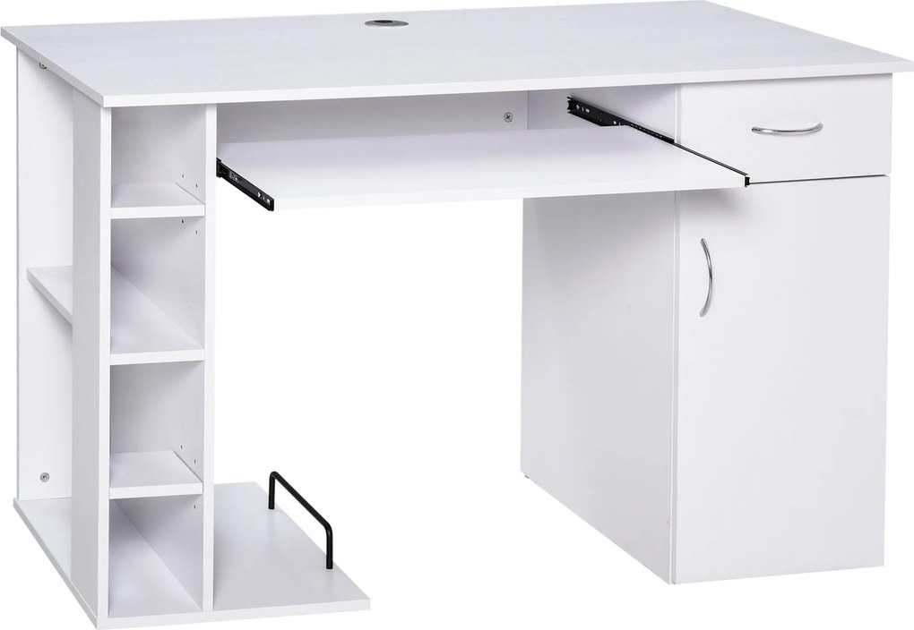 HOMCOM Počítačový stůl Multimedia Počítačový stůl s vícero úložnými policemi a zásuvkou, MDF 120 x 60 x 74 cm Bílý | Aosom