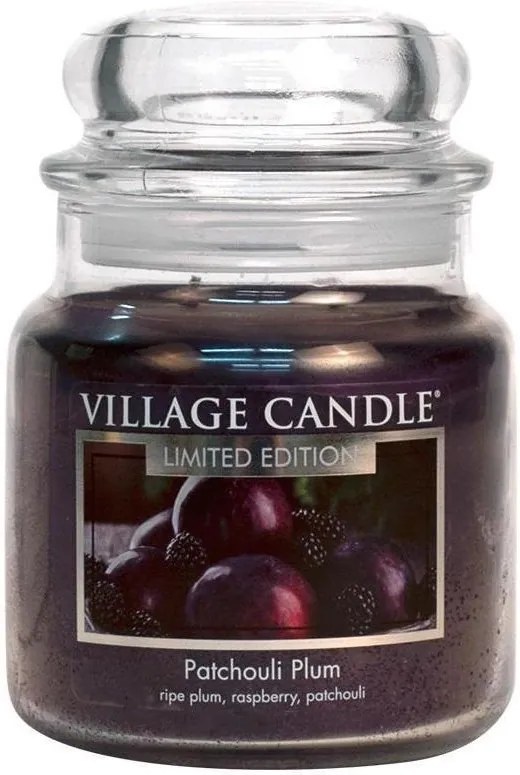 VILLAGE CANDLE Svíčka ve skle Patchouli Plum - střední, fialová barva, sklo, vosk