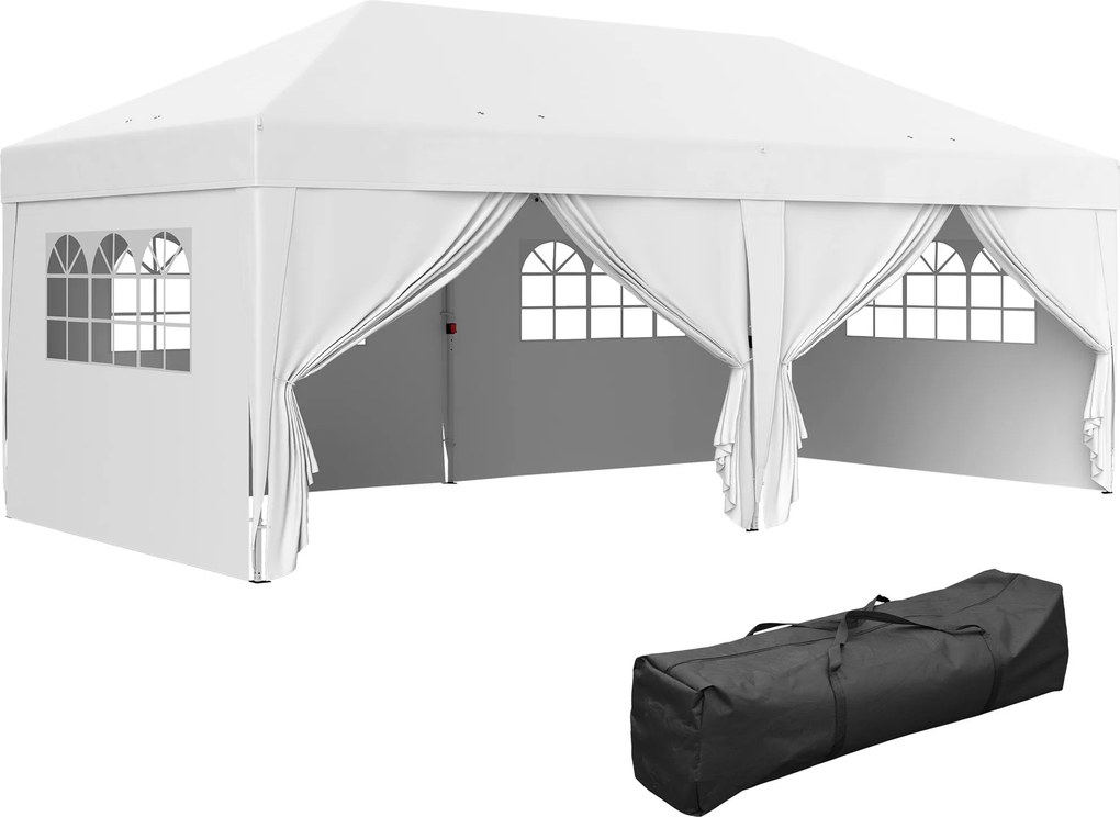 Skládací altán Outsunny 6x3 m s 6 odnímatelnými bočními stěnami, voděodolný, anti-UV a s taškou na přenášení – zahradní pavilon na kempování a večírky