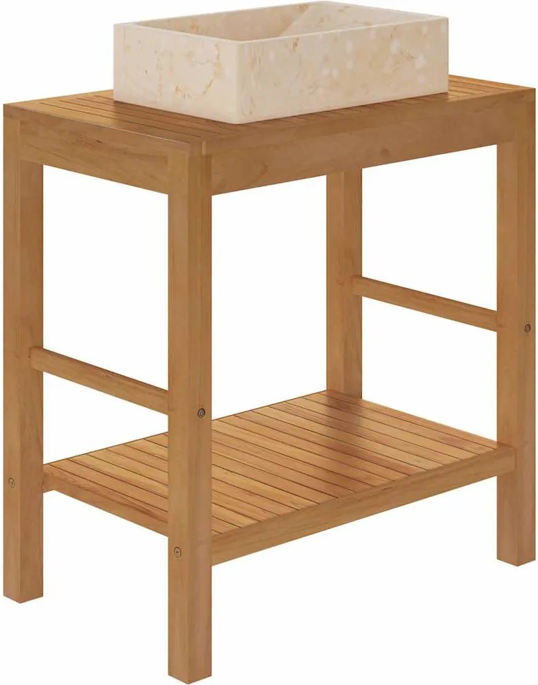 Koupelnová skříňka dřevo teak a umyvadlo mramor krémové 3058160
