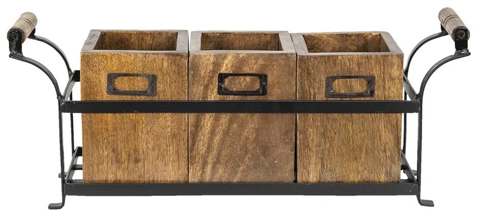 Set 3ks dřevěných boxů na kovovém podnose - 41*11*16 cm