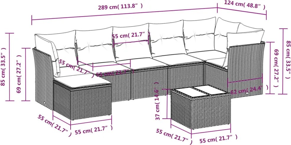 8dílná zahradní sedací souprava s poduškami šedá polyratan 3217980