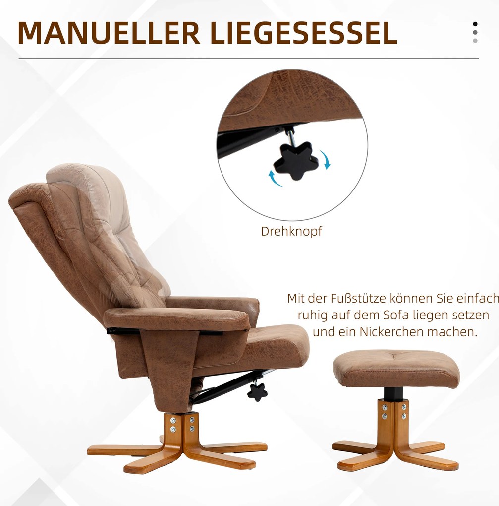 HOMCOM Relaxační Křeslo s Ottomans, Otočné Křeslo k Televizi s Funkcí Polohování, Potahované Křeslo do Obývacího Pokoje, Ložnice, Hnědá Microfiber, 7…