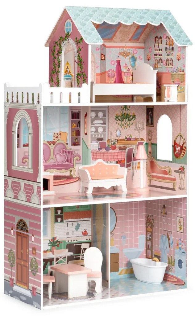 Domeček pro panenky ECOTOYS: BARBIE s nábytkem růžový