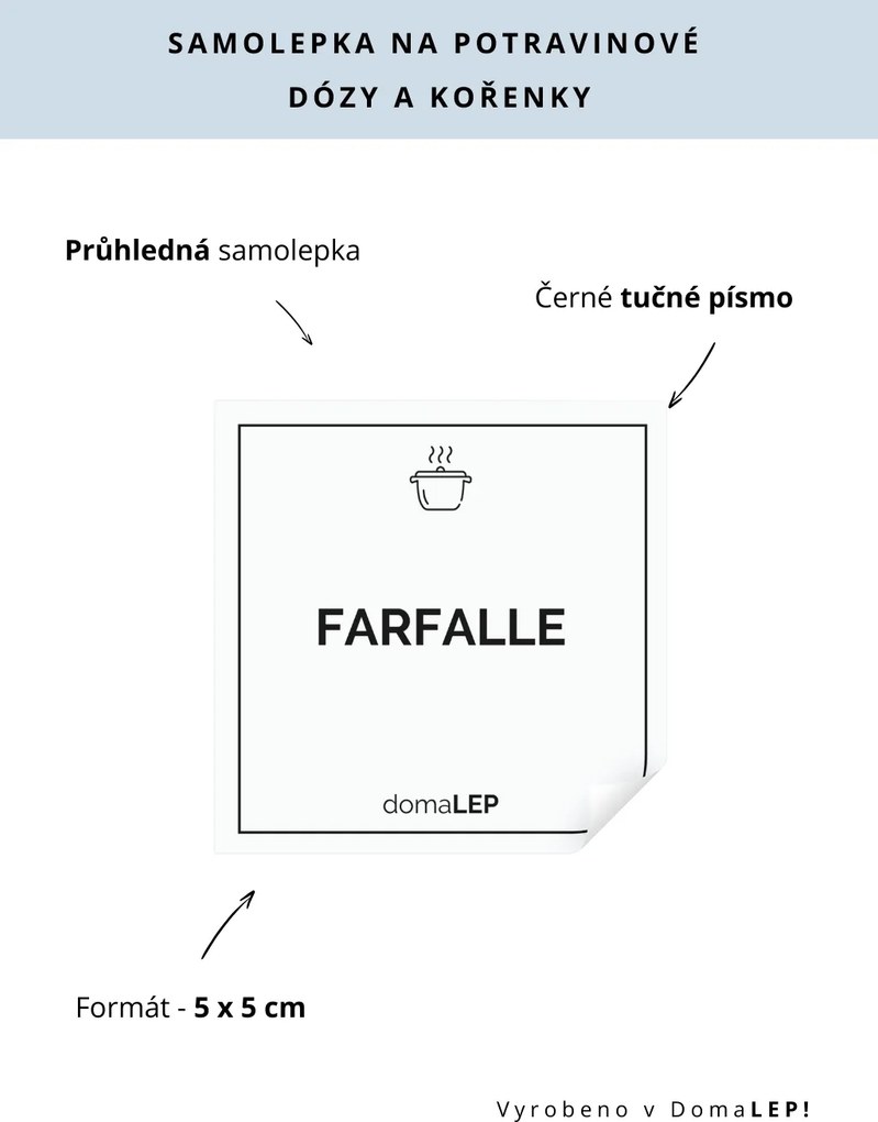 FARFALLE – průhledná samolepka na dózu, tučné písmo, 5 x 5 cm | DomaLEP