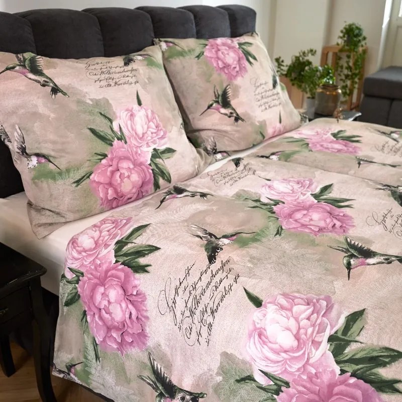 SCANquilt povlečení SATÉN TENCEL DESIGN peony béžovorůžová 140 x 200/70 x 90 cm