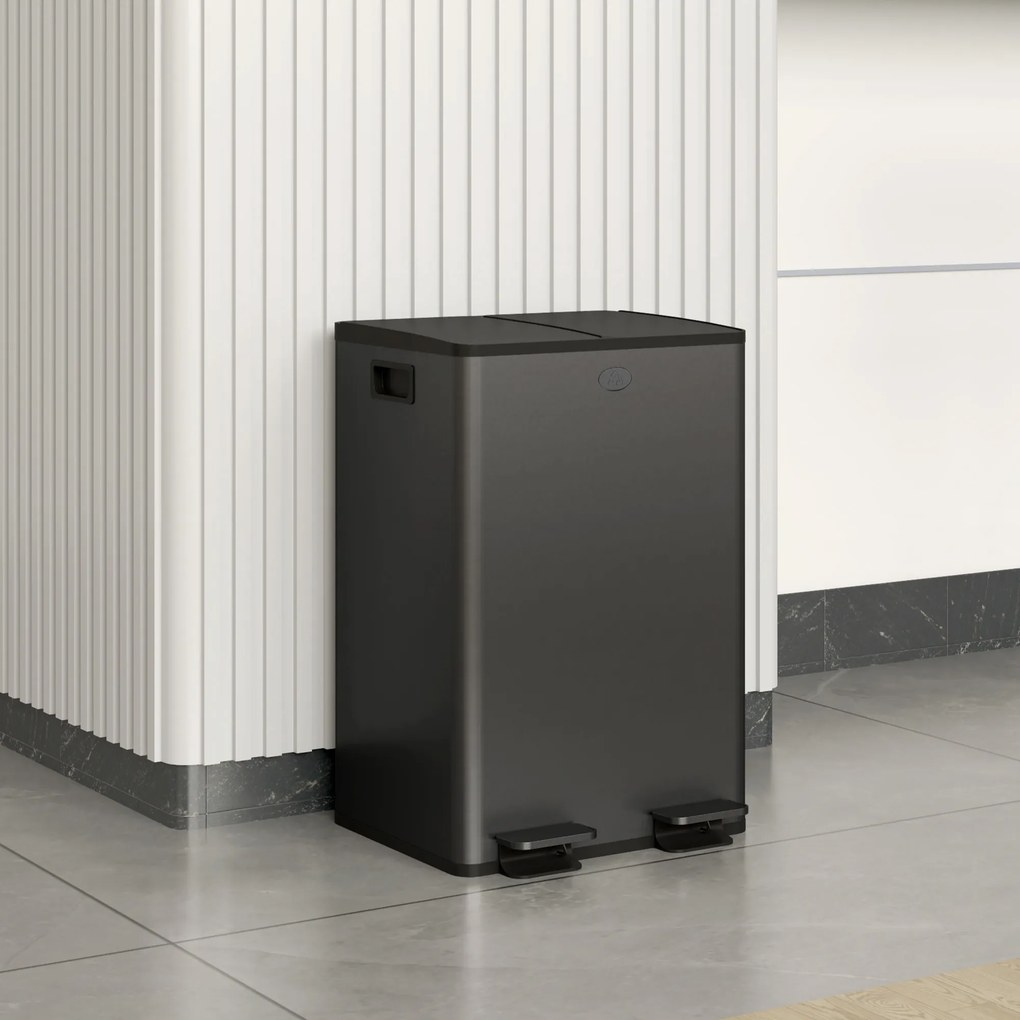 HOMCOM pedálový odpadkový koš se 2 přihrádkami (2×28 l), nerez, vyjímatelné kbelíky, tlumené zavírání, odolný proti otiskům, černý