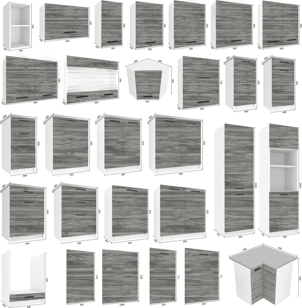 Kuchyňská linka Belini 300 cm šedý antracit Glamour Wood s pracovní deskou Syntka2 TOR SYNTKA2/7/WT/GW1/0/B1