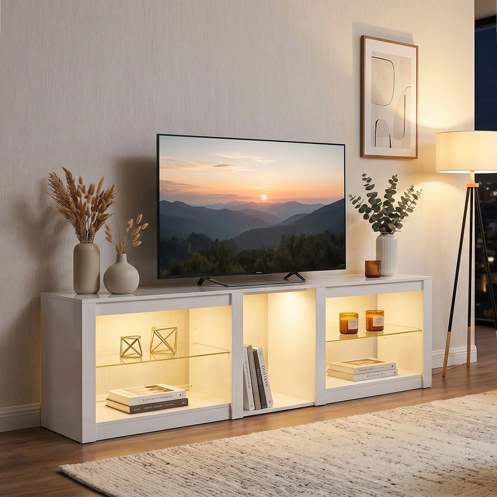 HOMCOM TV komoda s RGB LED osvětlením, moderní TV nábytek s nastavitelnými skleněnými policemi, pro televize až do 75 palců, bílá