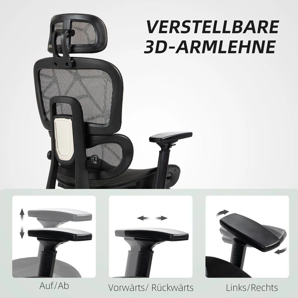 HOMCOM Ergonomická kancelářská židle s opěrkami, opěrkou hlavy, bederní oporou, výškově nastavitelná, otočná židle s funkcí houpání, sklopným mechani…