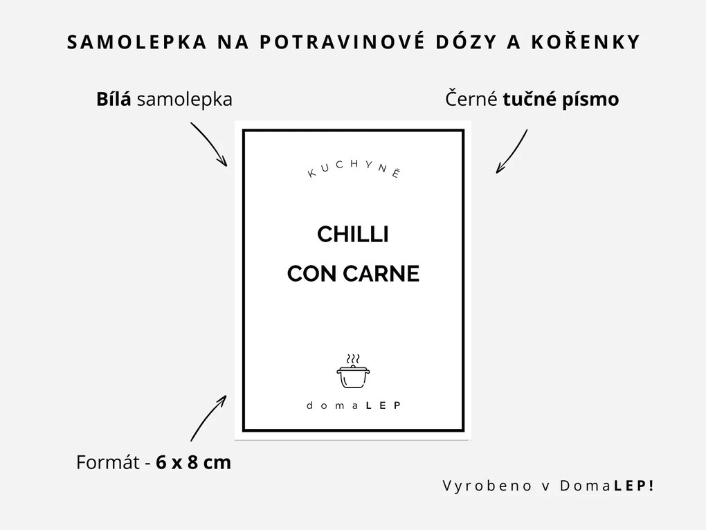 CHILLI CON CARNE - omyvatelná samolepka na kořenky, výběr rozměrů Ø 5 cm / 5 x 5 cm / 6 x 8 cm | DomaLEP tvar: KOLEČKO, barva: BÍLÁ - ČERNÉ písmo, velikost: Ø 5 cm - tučné písmo