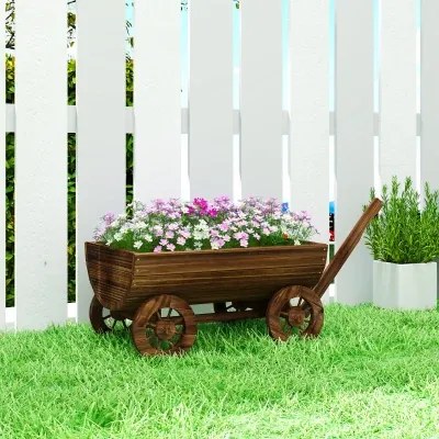 Outsunny dřevěný vozík se 4 koly a rukojetí, květináč pro venkovní použití s odvodňovacím otvorem 115x40x54,5 cm, uhlově zbarvený