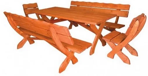 DREWMAX Zahradní set z masivního smrkového dřeva stůl + 2 x lavice + 2 x křeslo - OŘECH + LAK