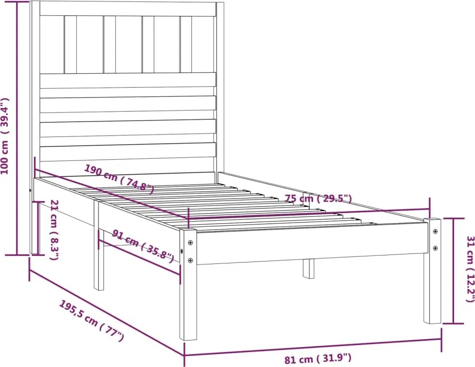 vidaXL Rám postele masivní borovice 75 x 190 cm Small Single [3100986] Barva: Bílá