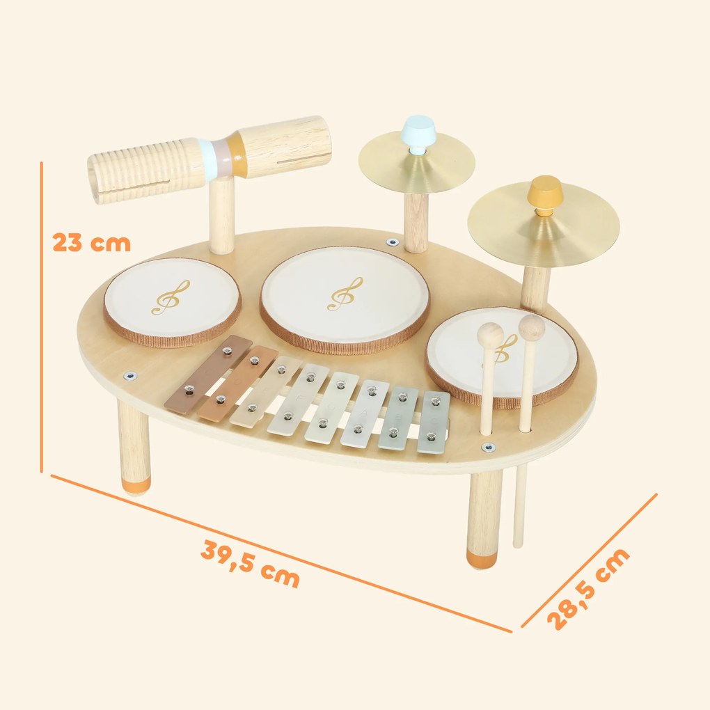 AIYAPLAY dětské bicí 4-v-1 Montessori sada hudebních nástrojů s bubny, xylofonem a perkusními nástroji pro děti od 2 let