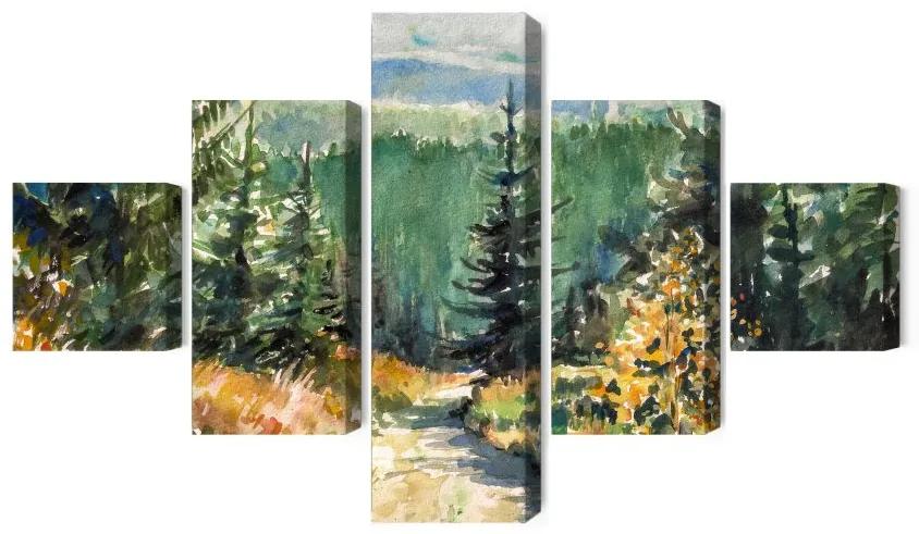 Vícedílný obraz Lesní Krajina Malovaná Vodovými Barvami Nedostatek Nedostatek Plátno Canvas 250x150