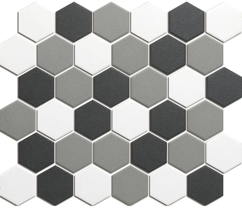 The Mosaic Factory Keramická mozaika bílá; šedá; černá; černo-bílá Mozaika HEX 5 White Grey Black Mix 5,1x5,9 (28,1x32,5) cm - LOH10MIX3