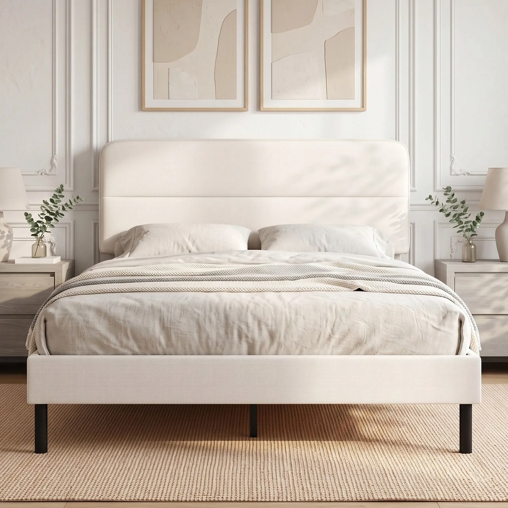 HOMCOM Postelový rám 140 x 200 cm s nastavitelným čelem, čalouněná postel s lněným vzhledem se 12 překližkovými laťkami, béžová
