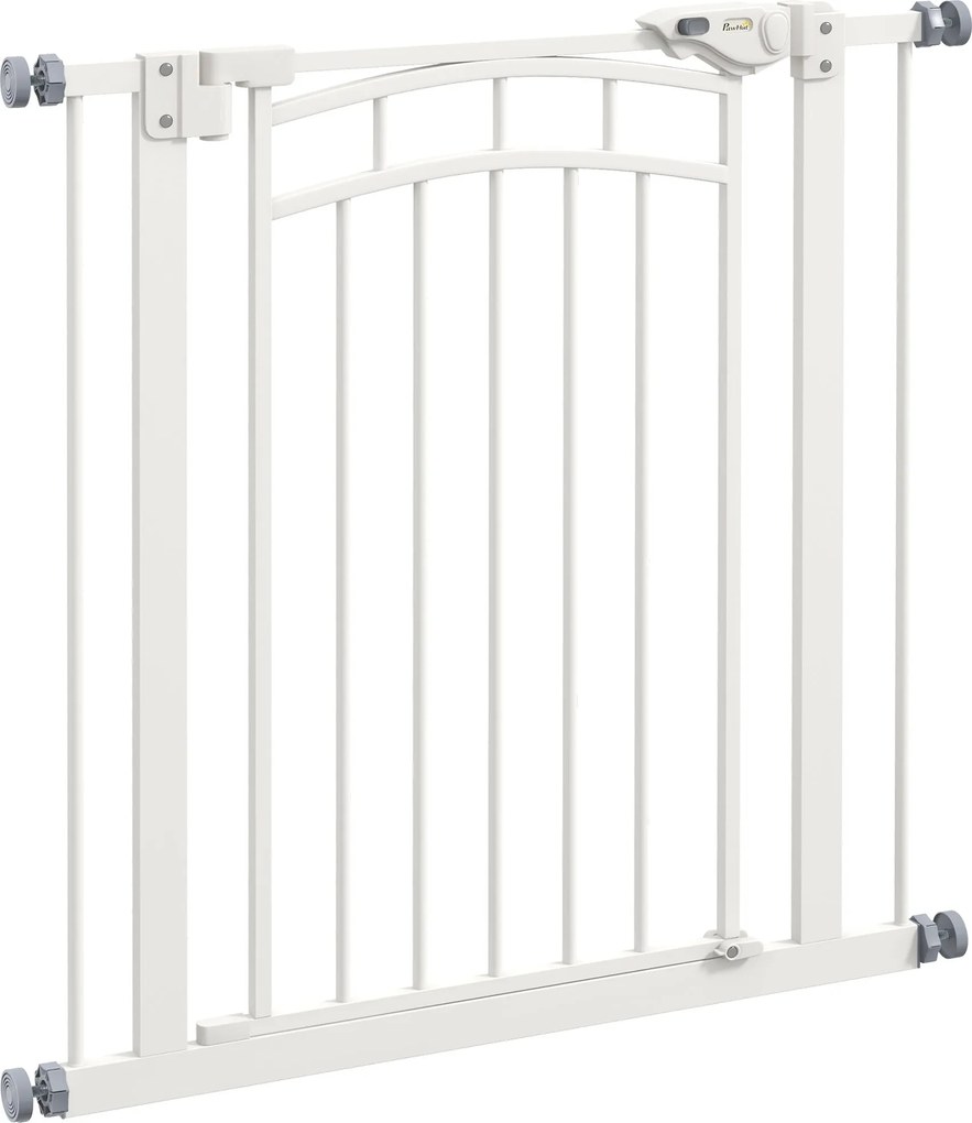 PawHut Rozšiřitelná bezpečnostní brána pro psy 74-80 cm, dvojité zamykání, automatické zavírání, tlaková montáž pro schody, výška 76 cm, bílá | Aosom