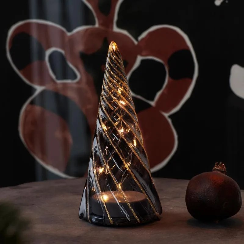 LED svítící stromeček, skleněný, černý, 19 cm