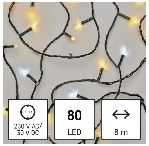 Vánoční osvětlení EMOS D4AN04 80LED řetěz 8m teplá/studená bílá s časovačem