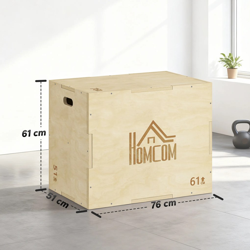 HOMCOM plyo Box 3 v 1 Dřevěný plyometrický box se 3 výškami skoku Rukojeti 61 x 51 x 76 cm Přírodní dřevo