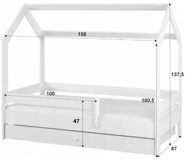 Dětská domečková postel se šuplíkem LITTLE HOUSE - bílá - 160x80 cm