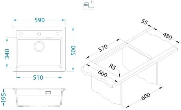 ALVEUS 1148162 - Kuchyňský dřez ATROX 59x50 cm granit/černá
