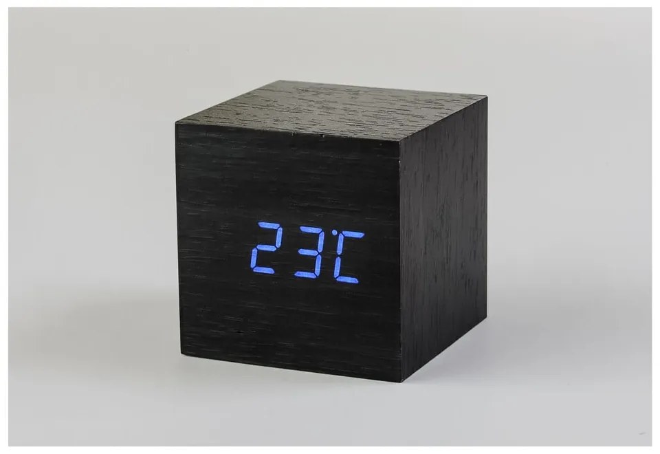 Černý budík s modrým LED displejem Gingko Cube Click Clock