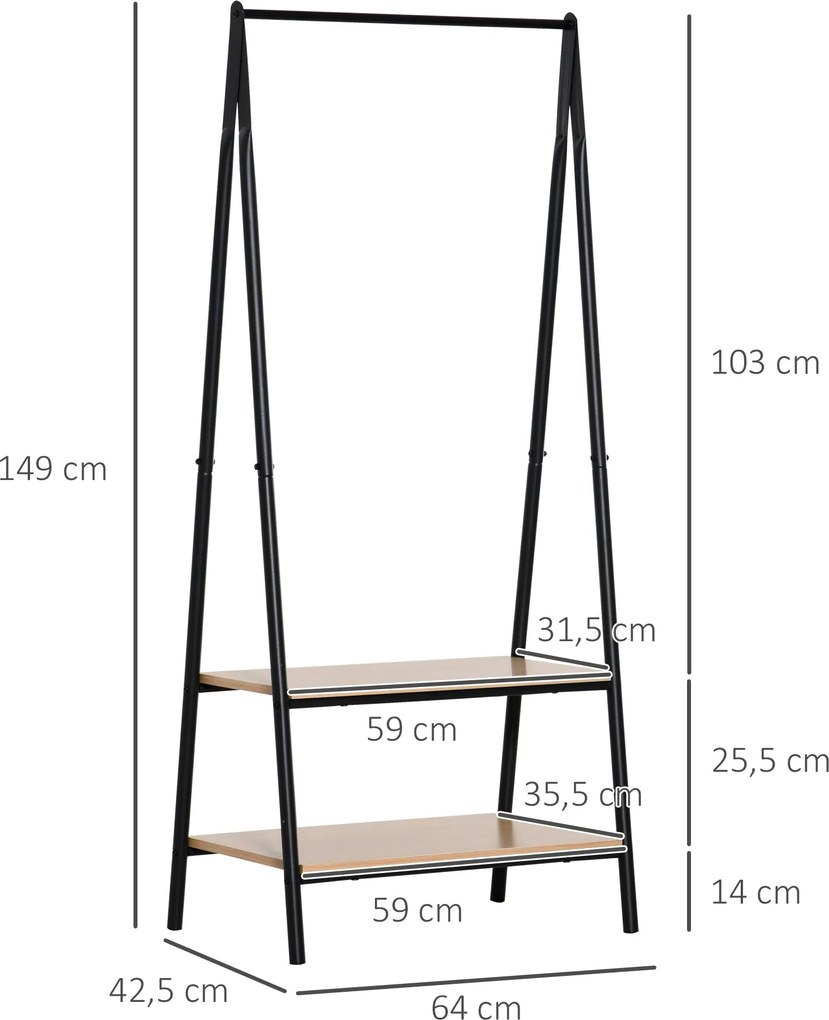 HOMCOM Stojan na oblečení s policí na boty, kovový + dřevěný, černý + přírodní, 64 x 42,5 x 149 cm